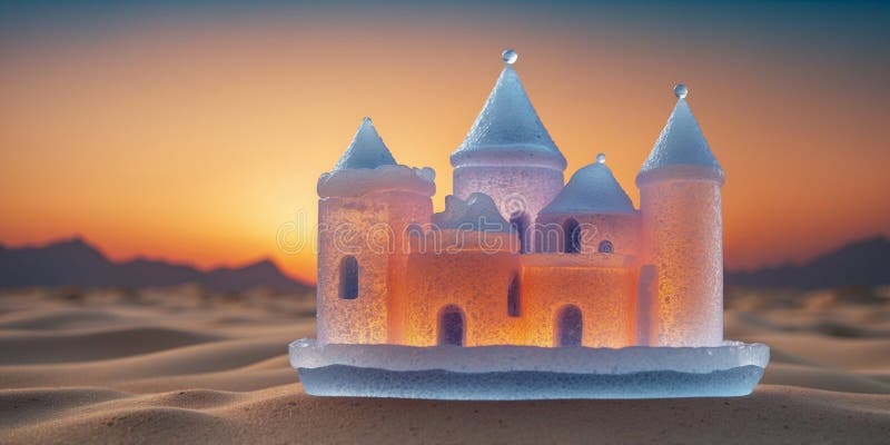 A Castle Made of Ice Floating Above a Desert of Glowing Sand. Stock ...