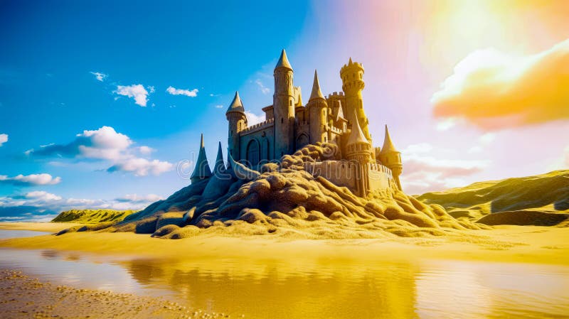 Castle Made of Sand on Beach with Rainbow in the Background. Generative ...