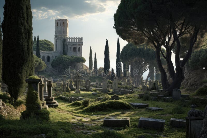 Castle Medieval Graveyard with Mausoleum and Cedar Trees Stock ...