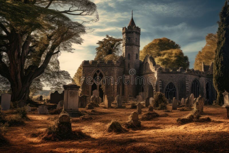 Castle Medieval Graveyard with Mausoleum and Cedar Trees Stock ...