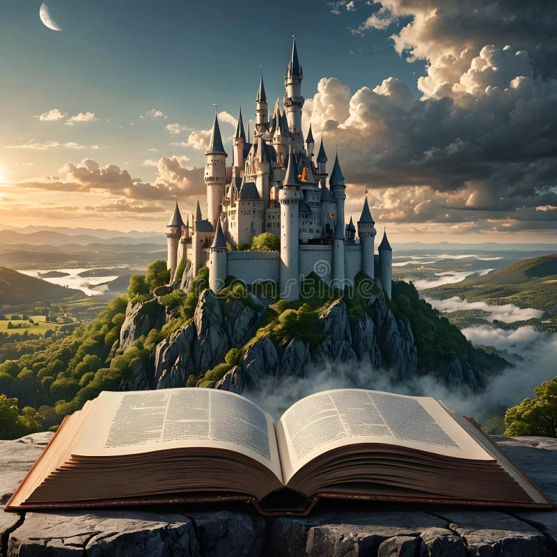 A Castle with a Moat and a Dragon on a Hill, Surrounded by Trees and Mountains. Stock Image ...