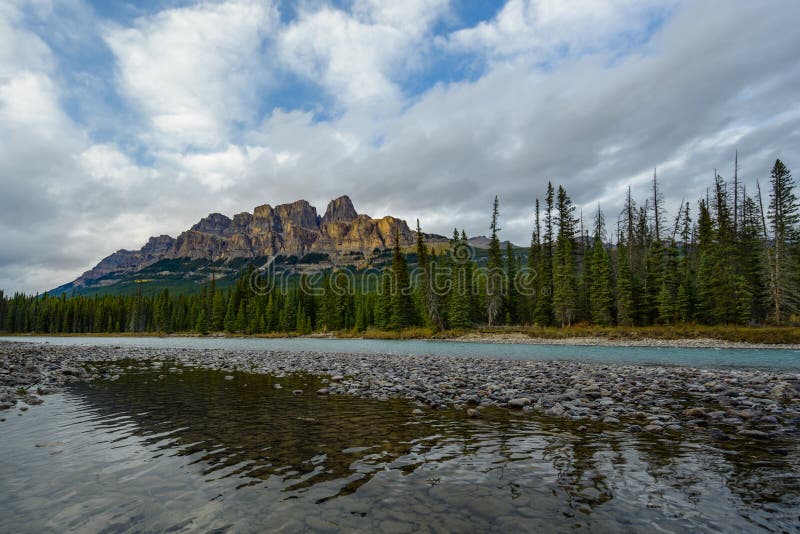 Castle Mountain at Bow River Stock Photo - Image of majestic, forest ...