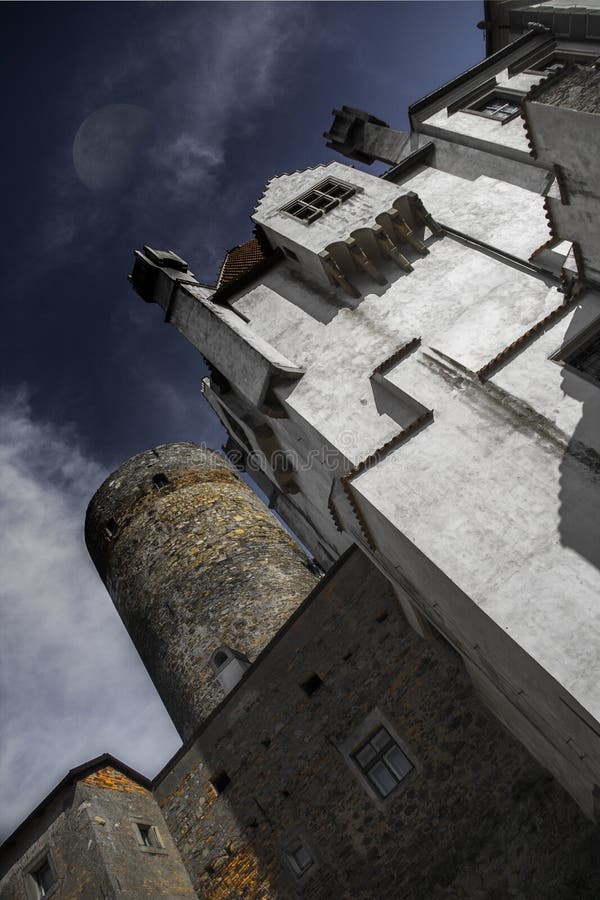 Castle in the Night with Clouds and Moon Stock Photo - Image of ...