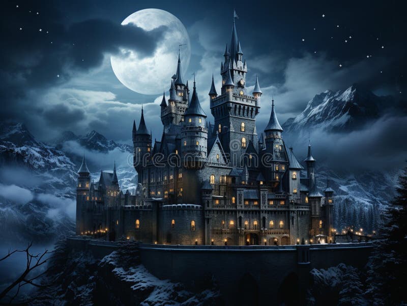 A Castle at Night with the Moon in the Sky, in the Middle of the Stock ...