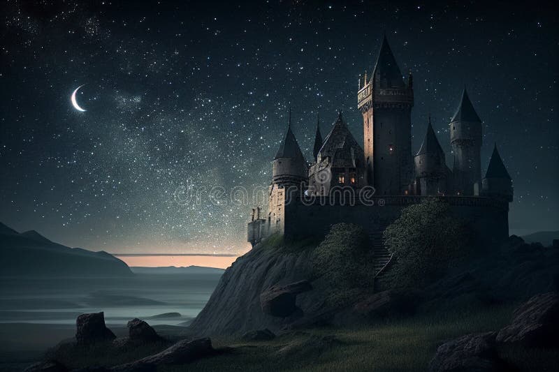 Castle and Night with Stars. Night Landscape Stock Illustration ...