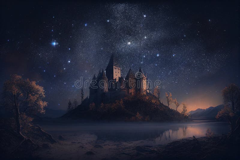 Castle and Night with Stars. Night Landscape Stock Illustration ...