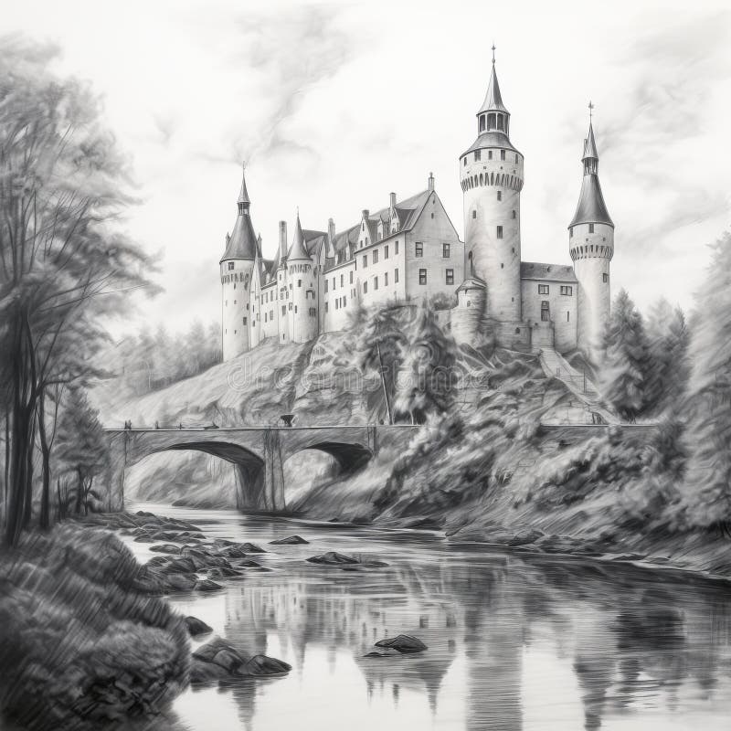 Castle - pencil drawing stock illustration. Illustration of bridge ...