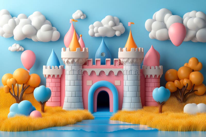 A Castle with a Pink and Blue Tower and a Blue Archway Stock Image ...