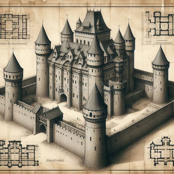 Old-World Castle Blueprint with Tower Grid Stock Illustration ...