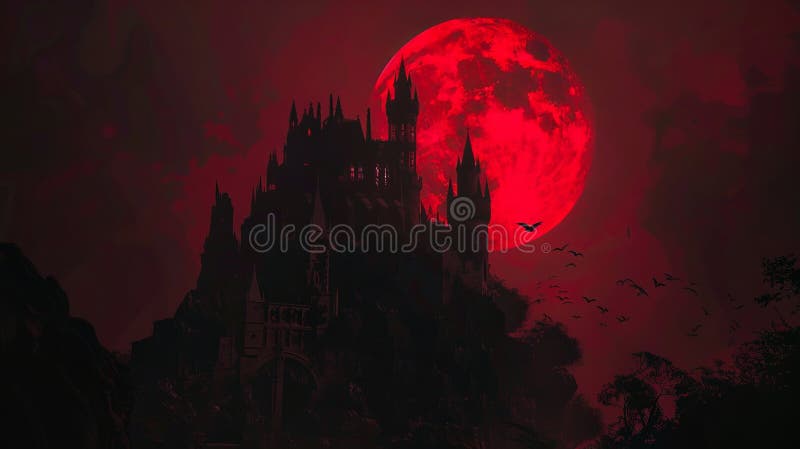 A Castle with a Red Moon in the Sky Stock Image - Image of night, moon ...
