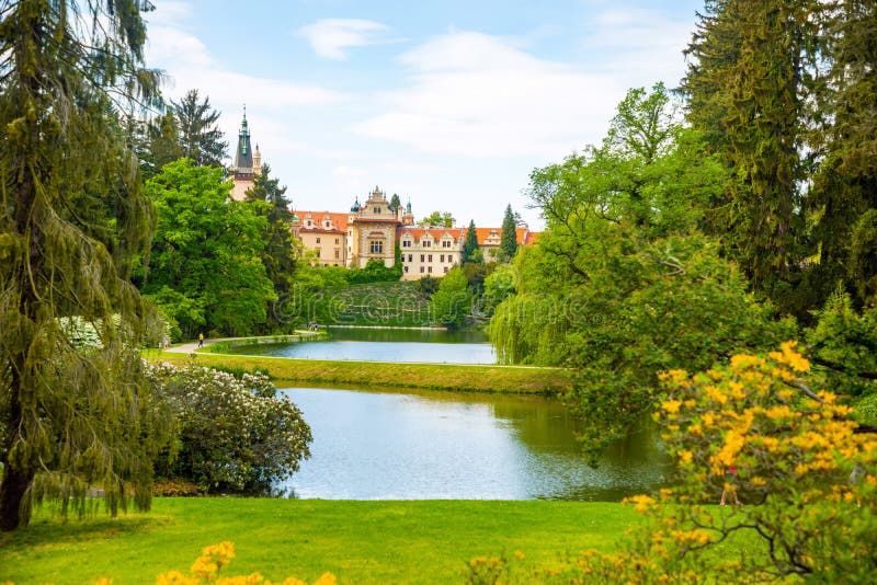 Castle with Reflection in Pond in Spring Time in Pruhonice, Czech ...