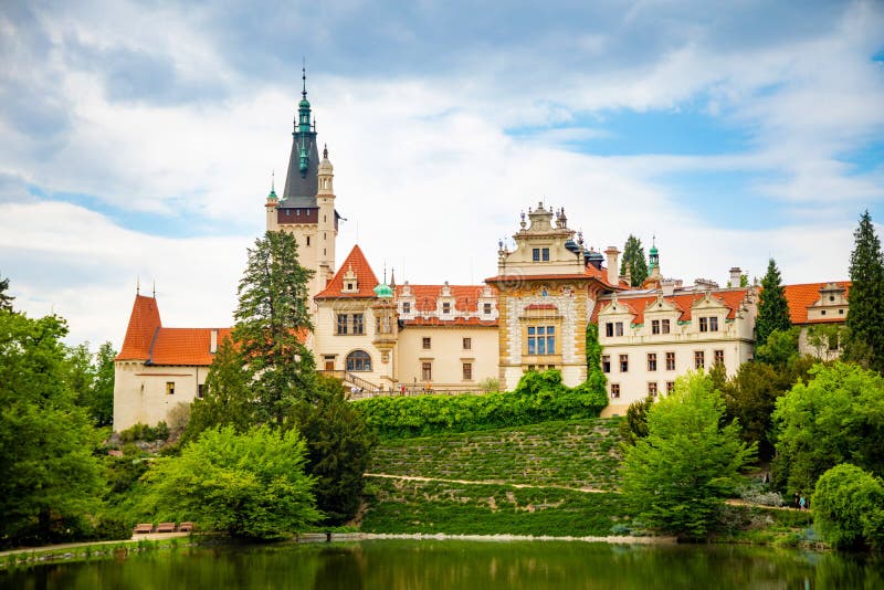 Castle with Reflection in Pond in Spring Time in Pruhonice, Czech ...