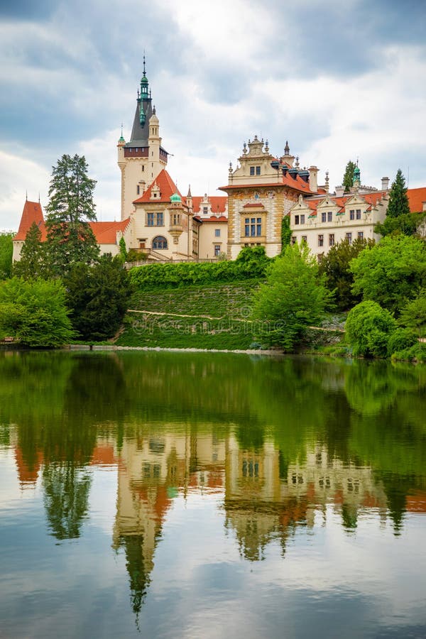 Castle with Reflection in Pond in Spring Time in Pruhonice, Czech ...