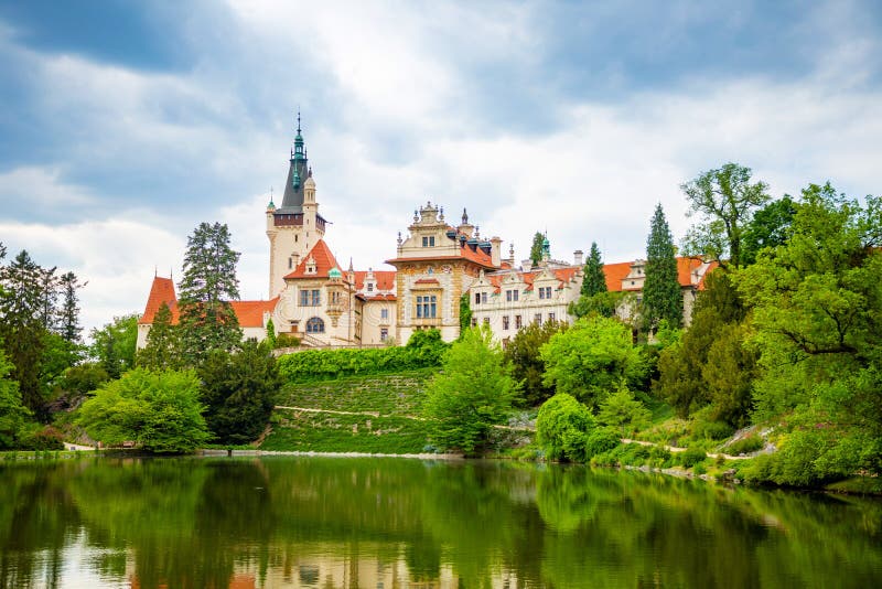 Castle with Reflection in Pond in Spring Time in Pruhonice, Czech ...