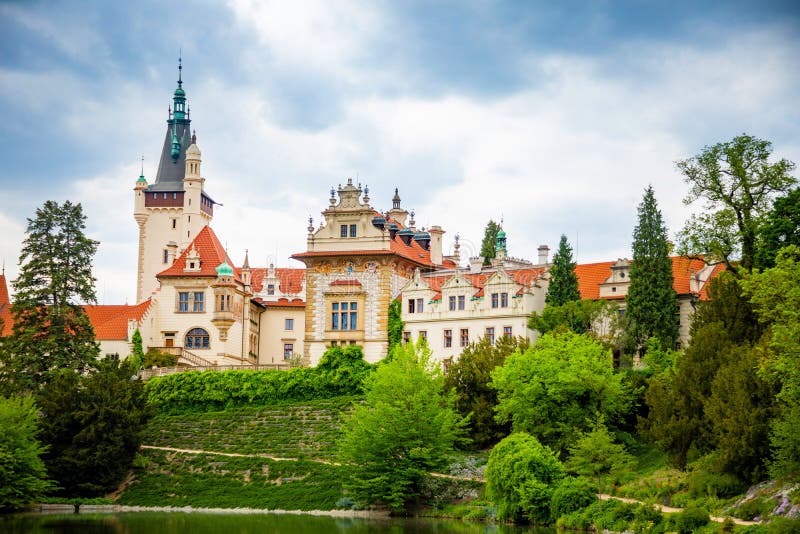 Castle with Reflection in Pond in Spring Time in Pruhonice, Czech ...