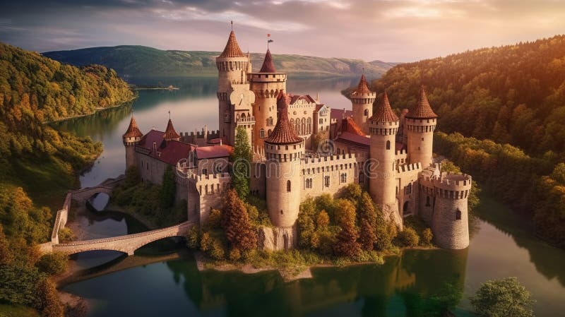 Castle by the River View from Above. Generative AI Stock Illustration ...