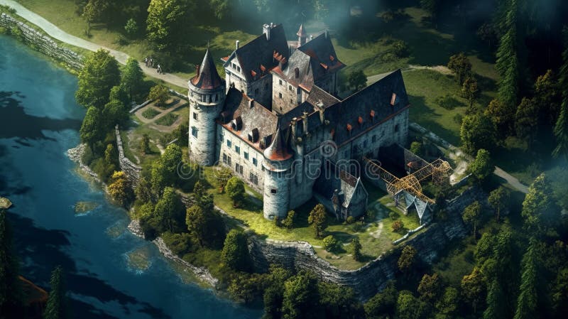 Castle by the River View from Above. Generative AI Stock Illustration ...