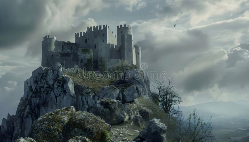 Castle on a Rocky Hilltop Crag Stock Illustration - Illustration of ...