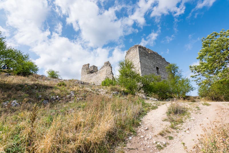 Castle Ruin on the Hill, Blue Sky and White Clouds, Path on the Ground ...