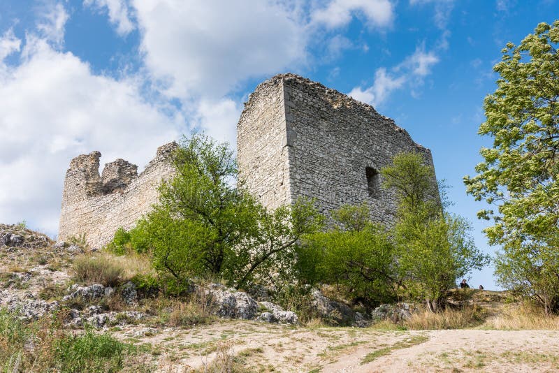 Castle Ruin on the Hill, Blue Sky and White Clouds, Path on the Ground ...