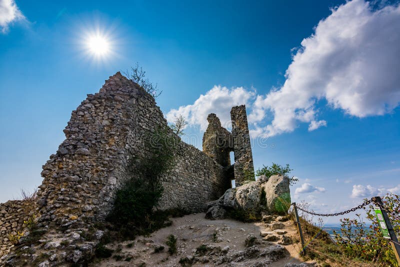Castle Ruin on the Hill, Blue Sky and White Clouds, Path on the Ground ...