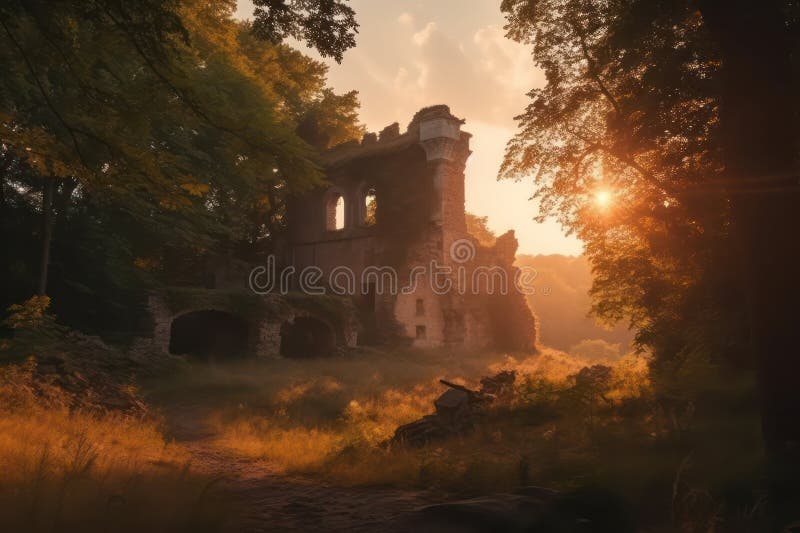 Castle Ruins in Forest. Generative AI Stock Illustration - Illustration ...