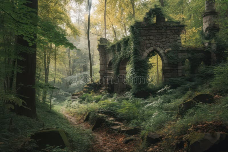 Castle Ruins in Forest. Generative AI Stock Illustration - Illustration ...