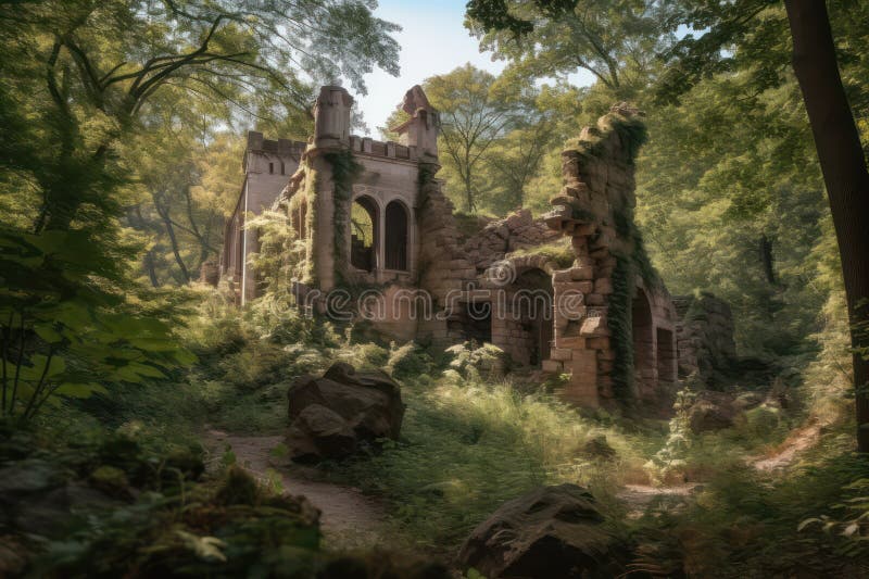 Castle Ruins in Forest. Generative AI Stock Illustration - Illustration ...