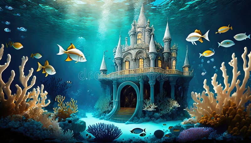 Castle on Sea Surface with Fish and Seaweed Stock Illustration ...