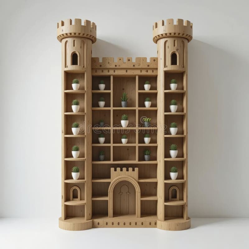 Castle-shaped Shelving Unit with Potted Plants Displayed Inside on ...