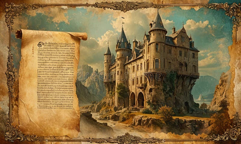 A Castle is Shown in a Painting, with a Scroll on the Left Side of the ...