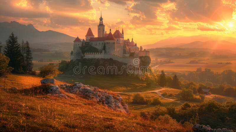 Castle Silhouette Against Setting Sun with Dramatic Backlighting ...