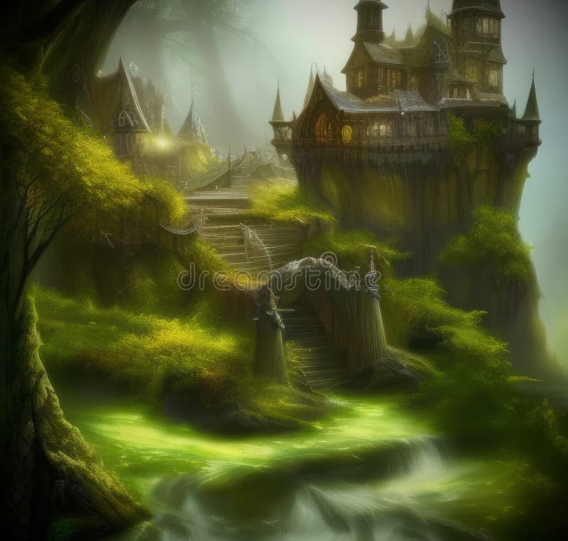 Castle Sitting on Top of a Lush Green Hillside Stock Illustration ...