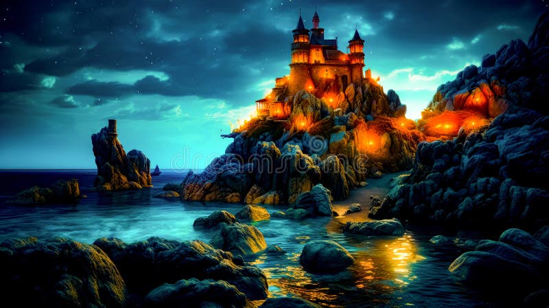 Castle Sitting on Top of Mountain Next To Body of Water. Generative AI ...