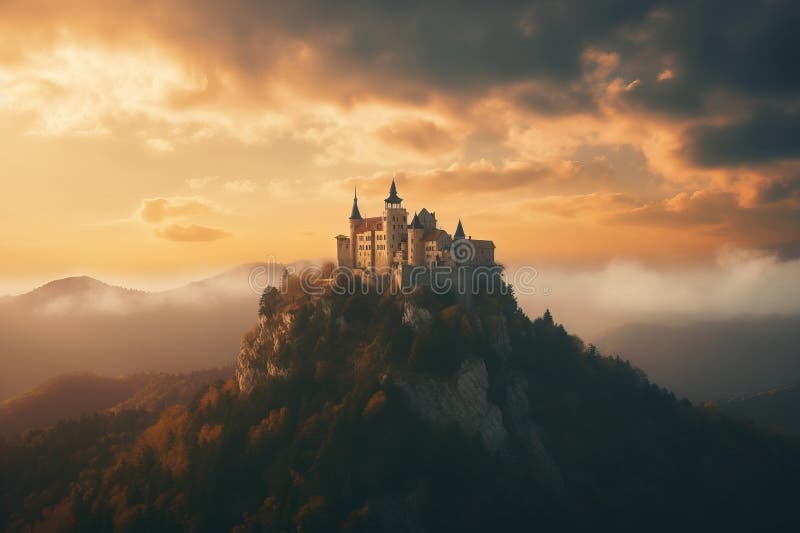 A Castle Sitting on Top of a Mountain Under a Cloudy Sky Stock ...