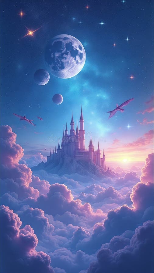 Castle is in the Sky with a Moon and Stars Stock Illustration ...