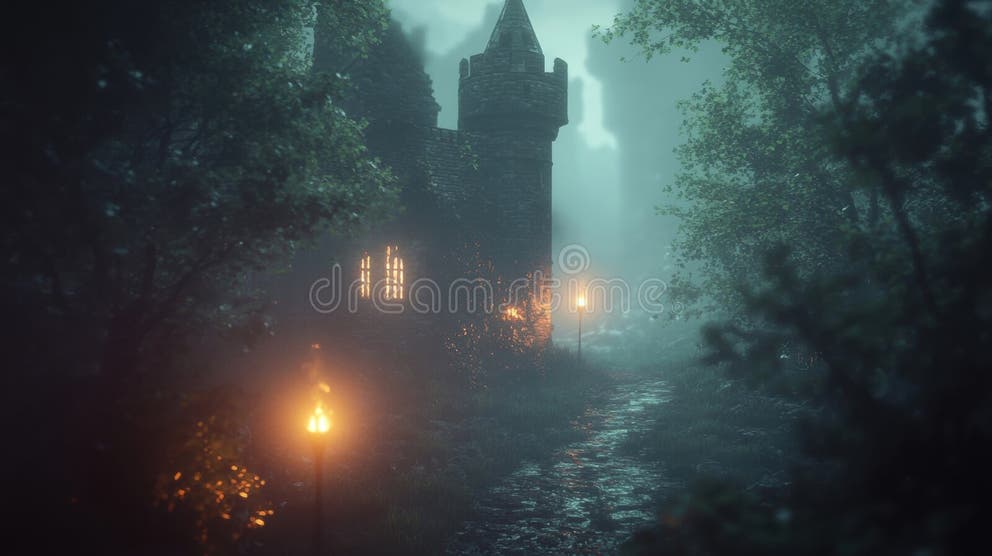 Castle Surrounded by a Dense Mist with Torches Lighting the Path Stock ...