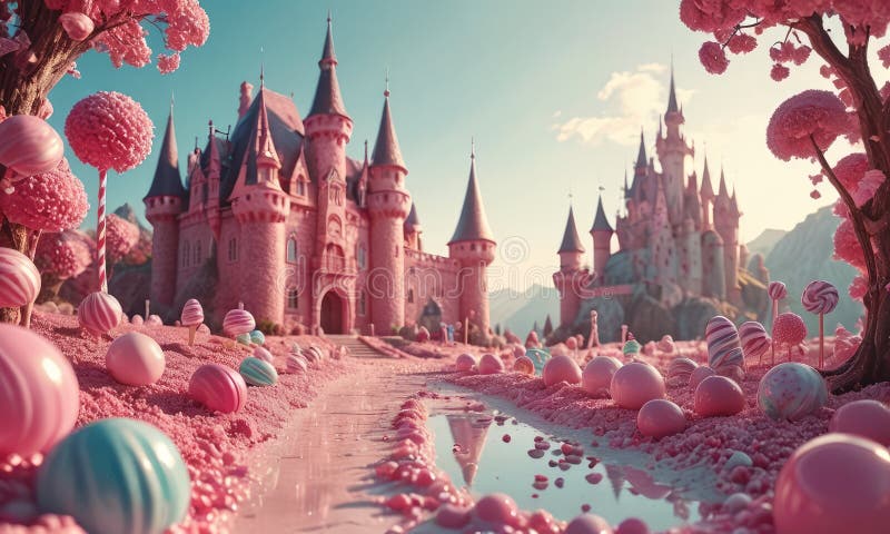 A Castle is Surrounded by Pink and Blue Balls, and a Path is Visible in ...