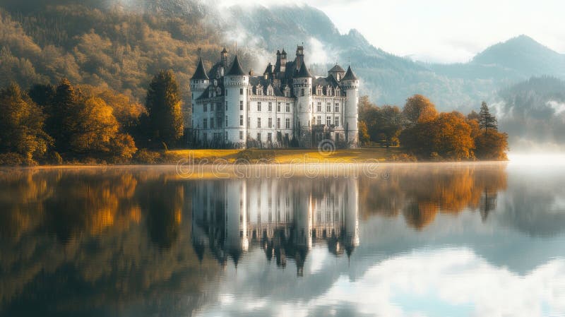 Castle Surrounded by a Tranquil Lake Reflecting Its Grandeur Stock ...