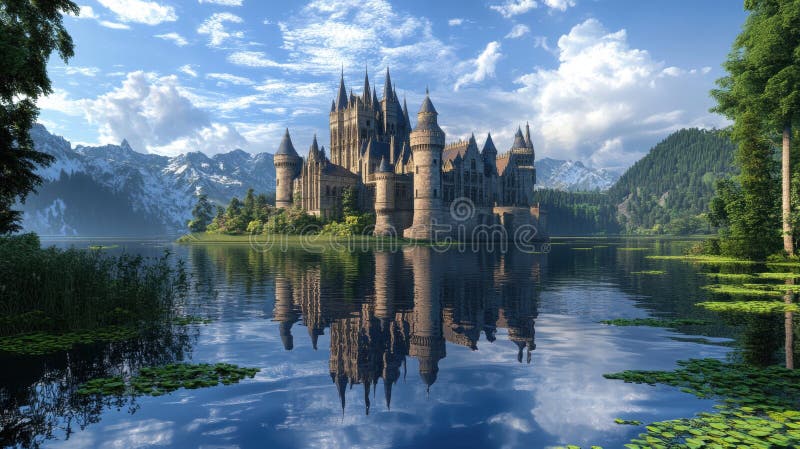 Castle Surrounded by a Tranquil Lake Reflecting Its Grandeur Stock ...