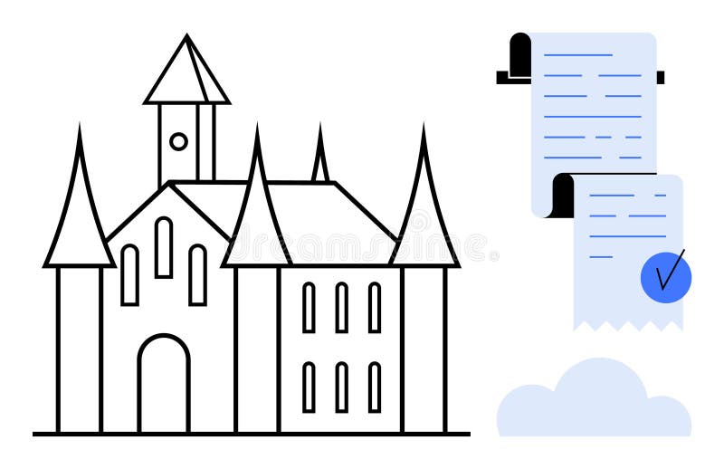 Castle with Tall Spires and Scroll in the Clouds Stock Illustration ...