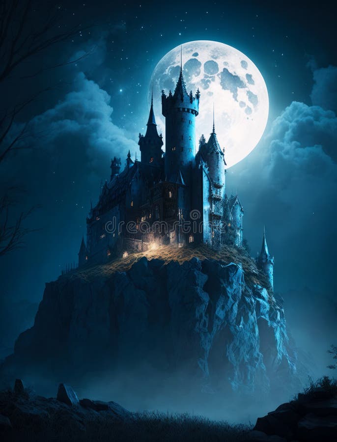 Castle on Top of Hill with Full Moon in the Background. Generative AI ...