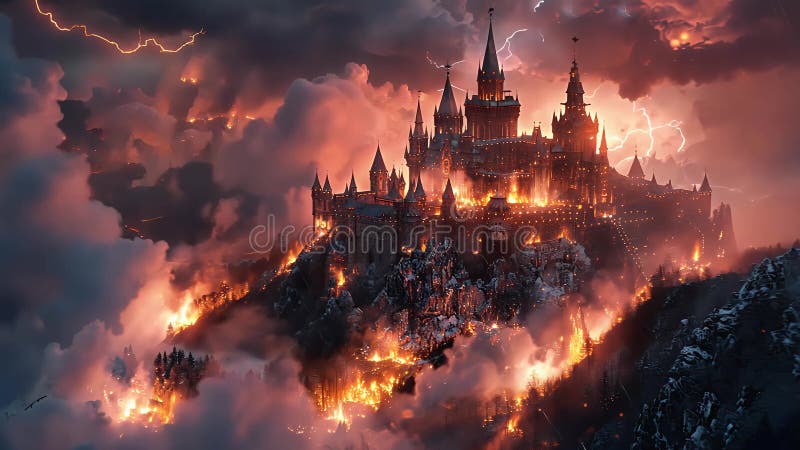 Castle on Fire with Lightning Stock Video - Video of flames, surreal ...