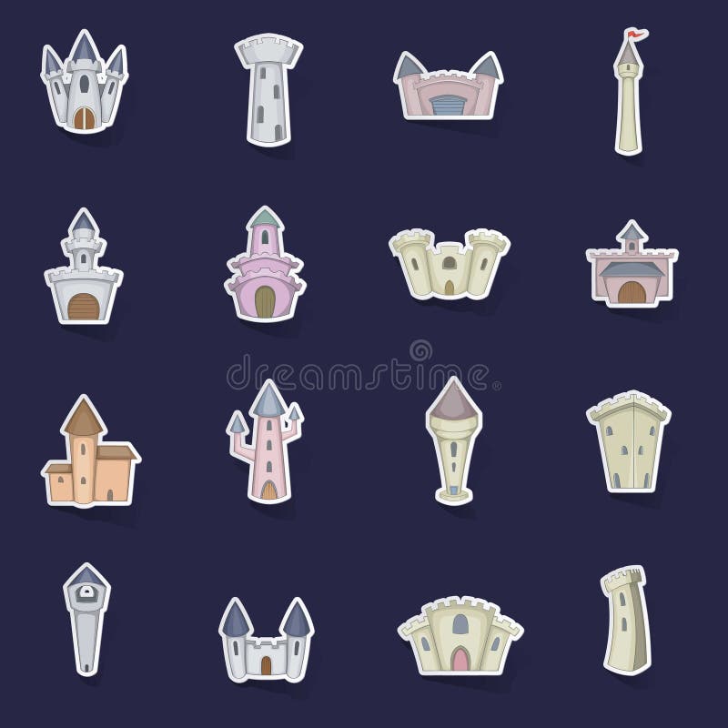 Castle Tower Icons Set Vector Sticker Stock Vector - Illustration of ...