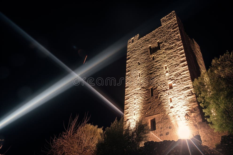 Castle Tower Lit Up with Powerful Beam Lights Stock Image - Image of ...