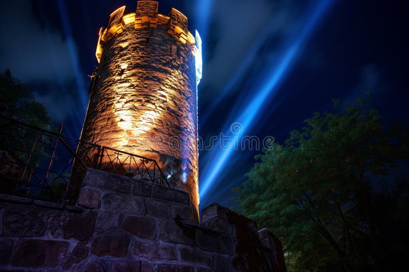 Castle Tower Lit Up with Powerful Beam Lights Stock Photo - Image of ...