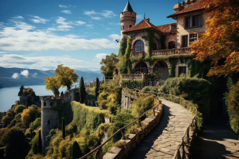 Castle Tower Reaching the Sky in a Serene Green Landscape AI Generated ...