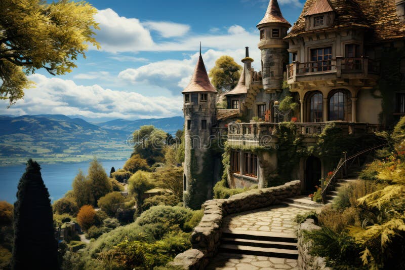 Castle Tower Reaching the Sky in a Serene Green Landscape AI Generated ...