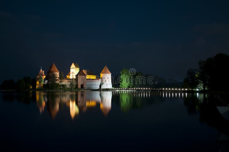 Trakai Castle at night stock image. Image of historic - 111045583