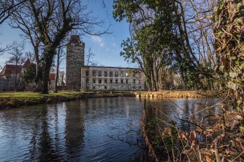 Castle with Trees and Stream in Autumn Stock Photo - Image of ...